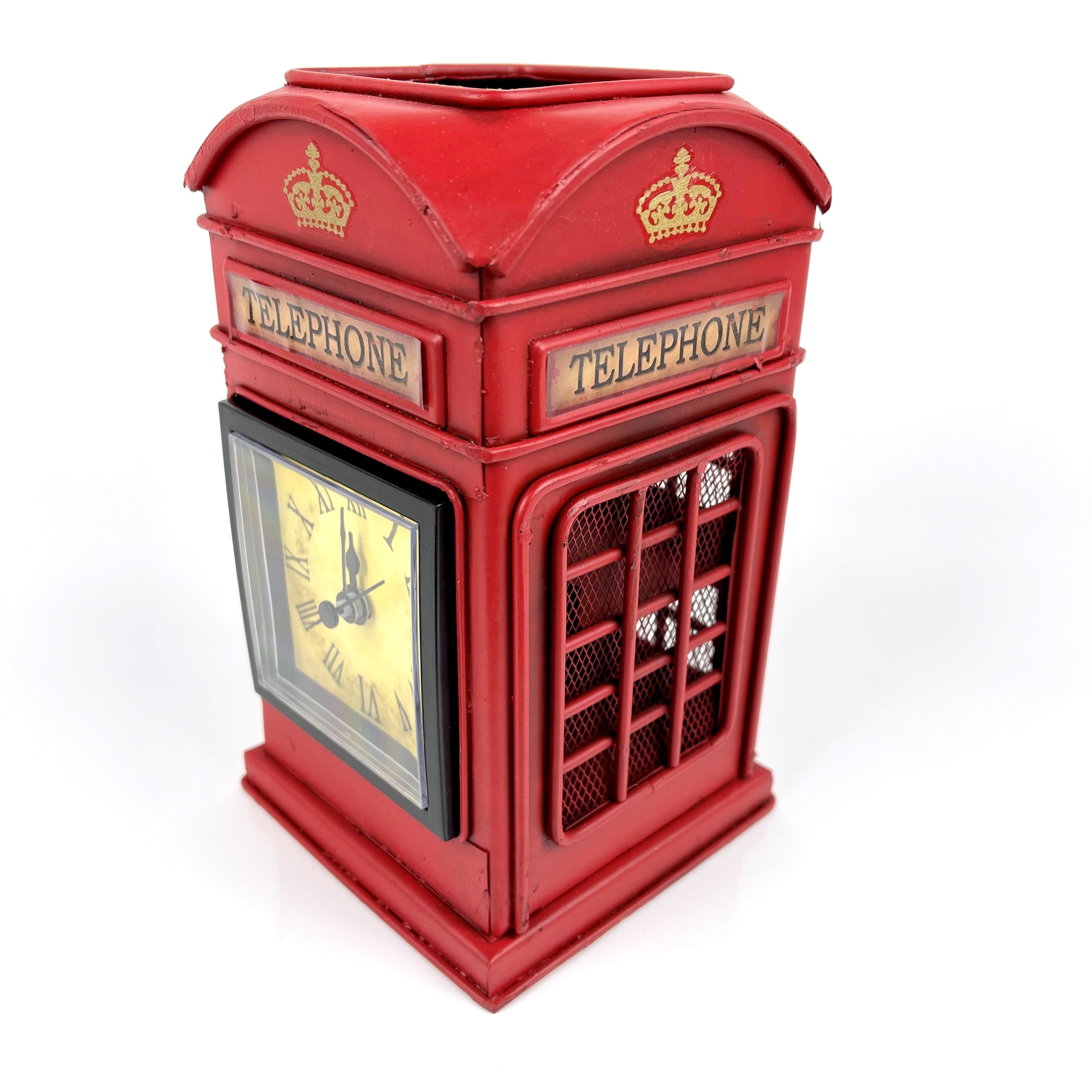 Retro Telephone Box Style Desk-Shelf Clock Stationary Holder