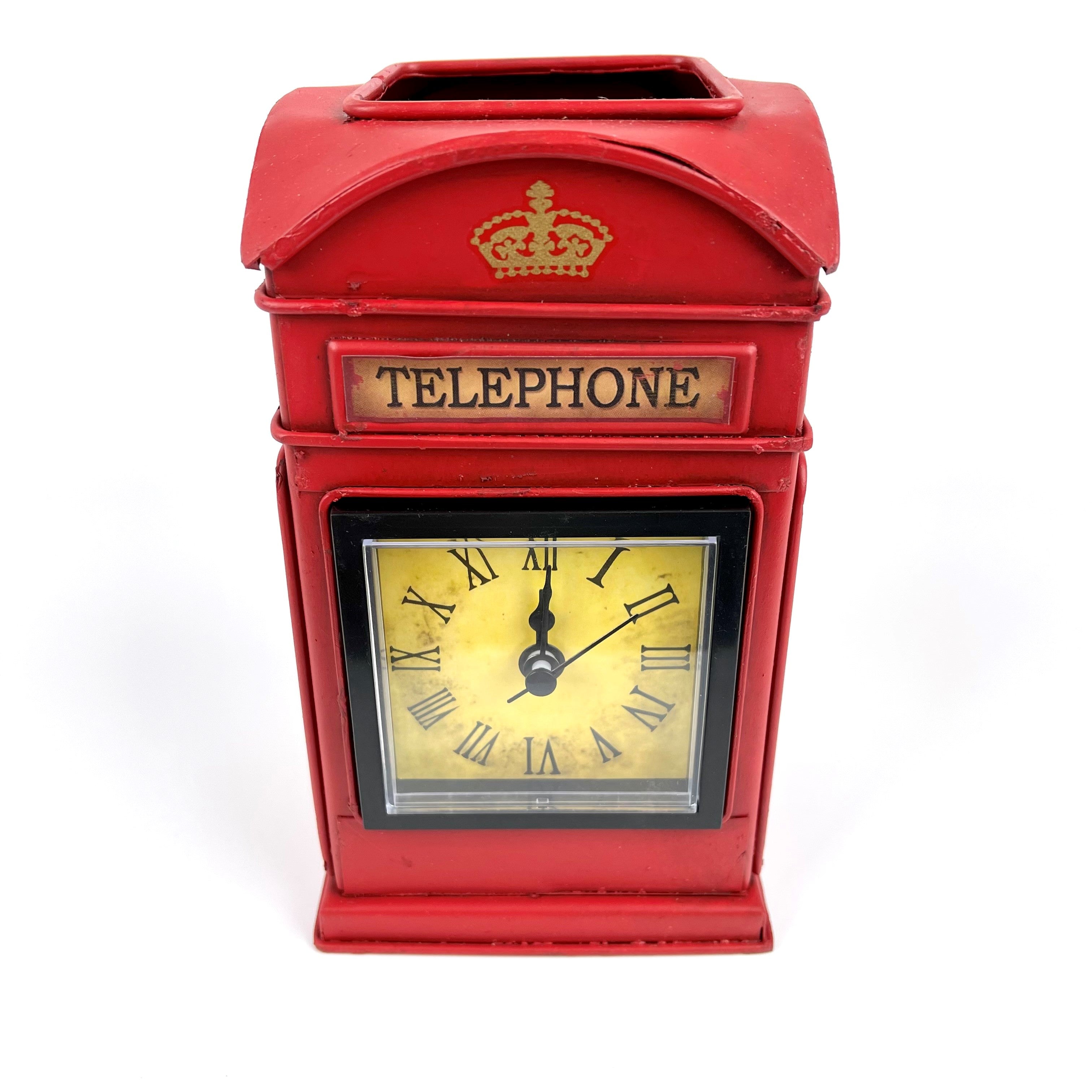 Retro Telephone Box Style Desk-Shelf Clock Stationary Holder