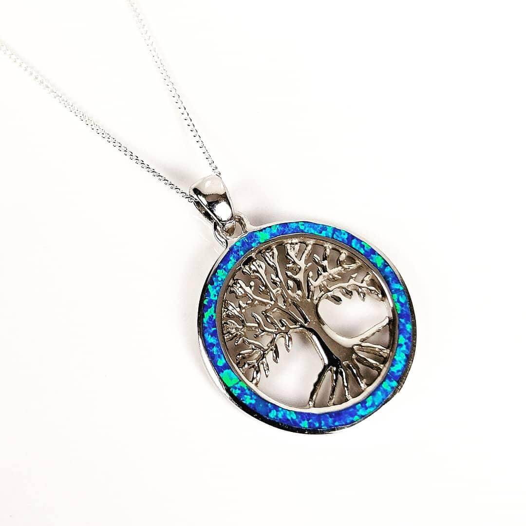 Sterling Silver Blue Opal Tree of Life Necklace