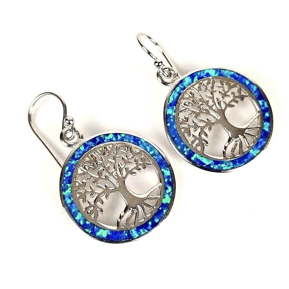 Sterling Silver Blue Opal Tree of Life Earrings